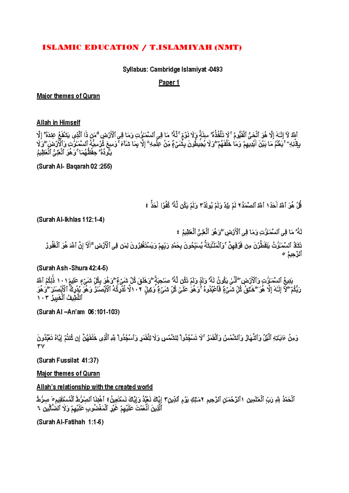 Cambridge Islamiyat 0493 Syllabus Overview and Key Topics - Studocu