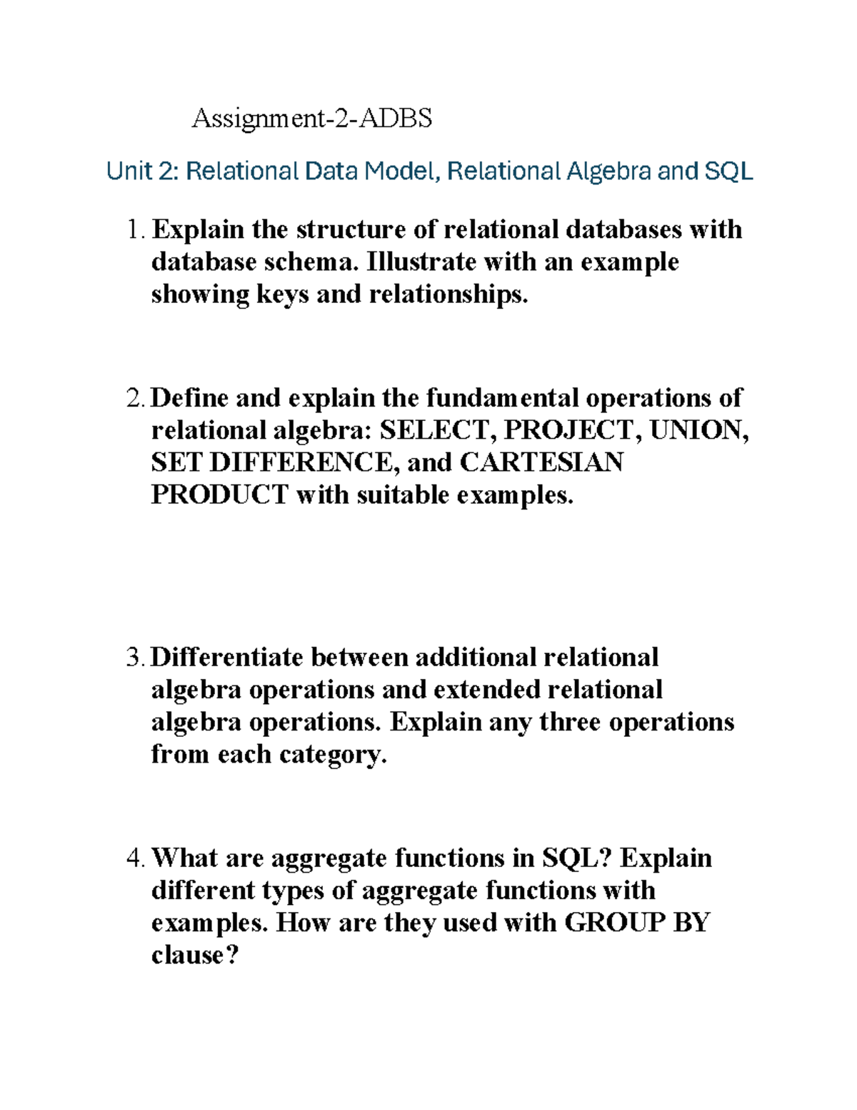 Assignment 2-ADBS: Relational Data Model & SQL Concepts - Studocu