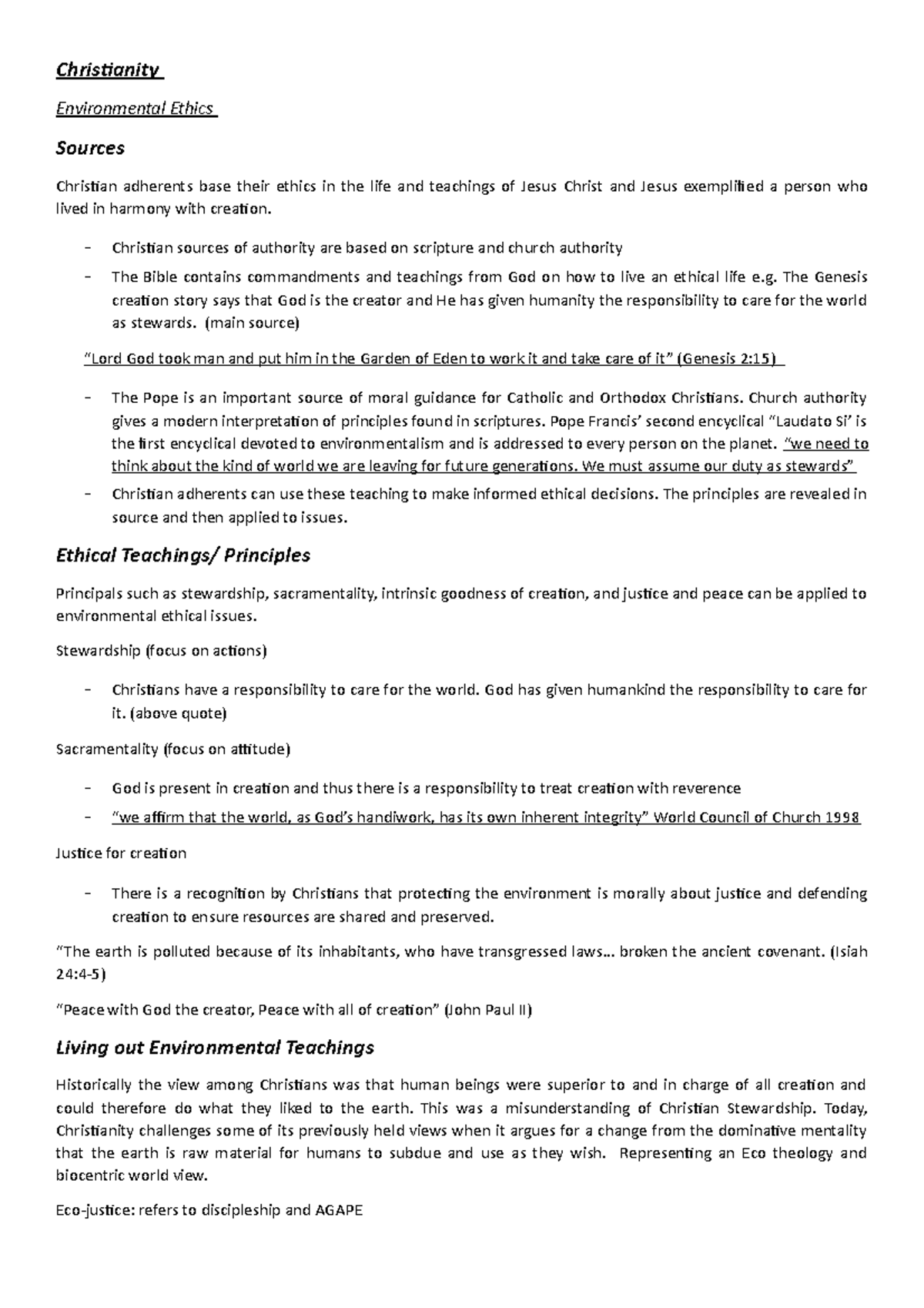 Summary Notes - Christianity Environmental Ethics Sources Christian ...