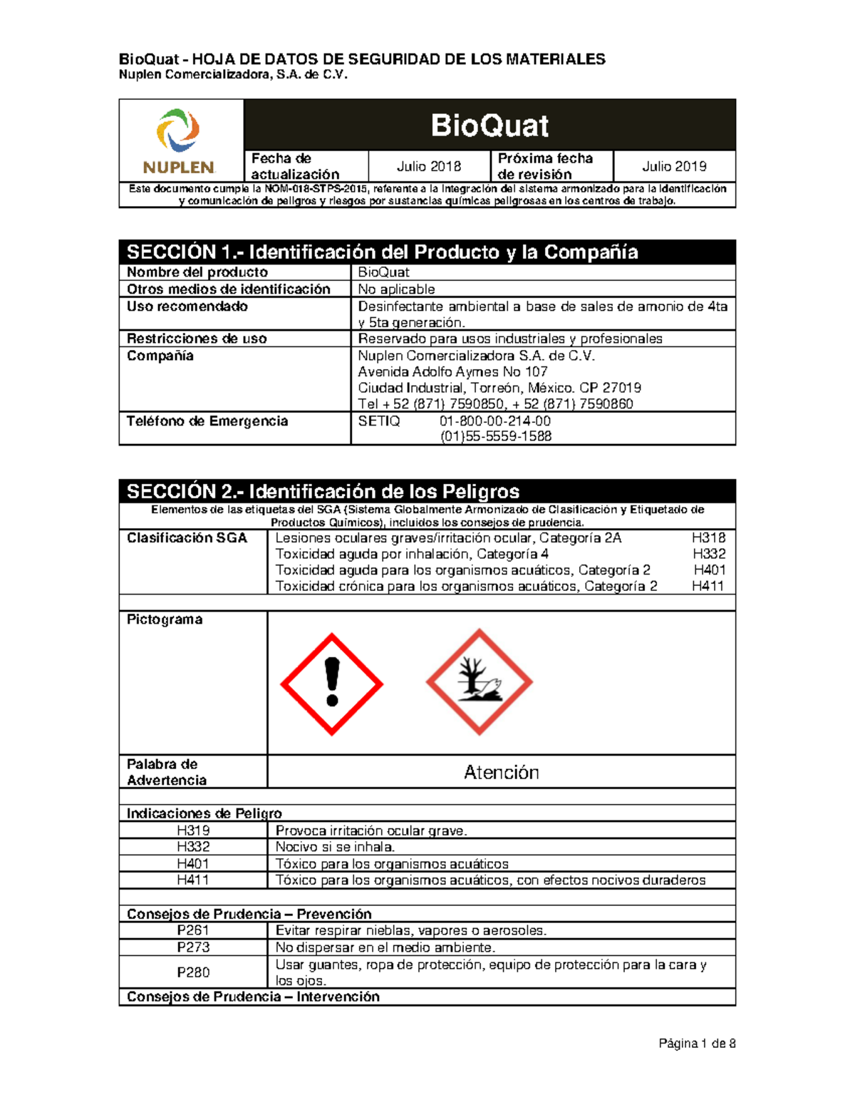 NOM-018-STPS-2015: Hoja de Seguridad de Sustancias Químicas Peligrosas - Studocu