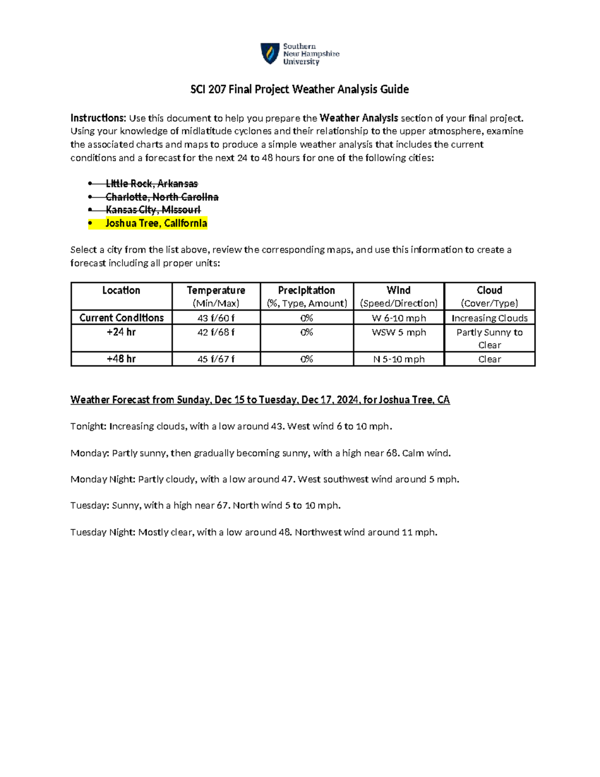 SCI 207 Final Project Weather Analysis for Joshua Tree, CA (Dec 15-17, 2024) - Studocu