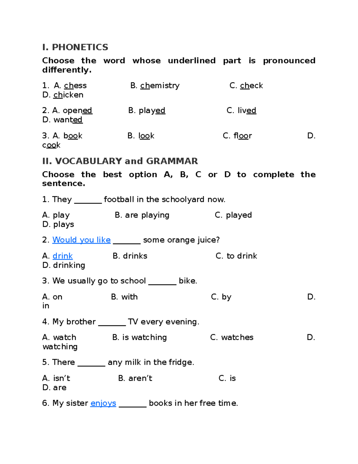 Đề Ktra Lần 1 - Tiếng Anh 7: Phonetics, Vocabulary, Grammar, Reading ...