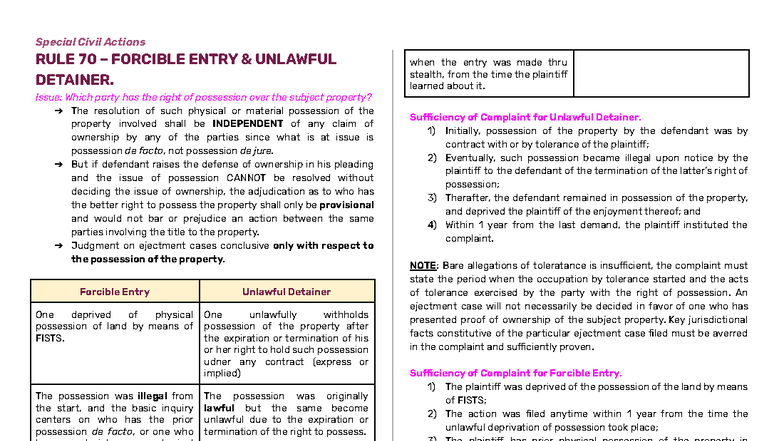 Civil ULE 70 Forcible Entry & Unlawful Detainer Notes - Studocu