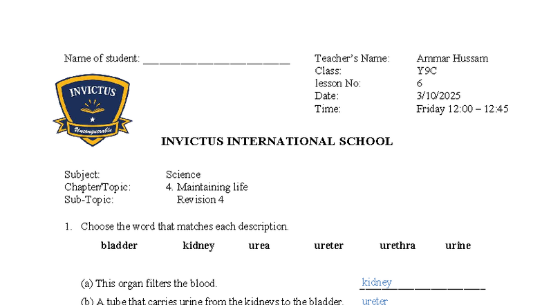 Science Y9C Lesson 6: Maintaining Life Revision Notes - Studocu