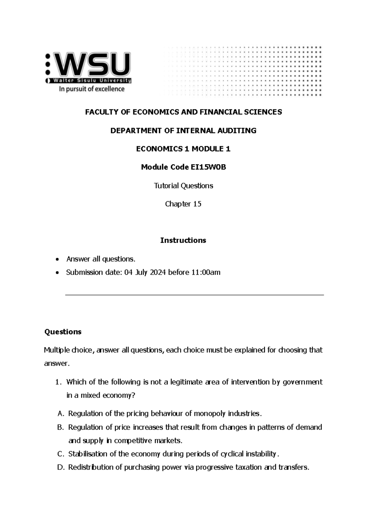 Economics 1 EI15W0B Tutorial Questions - Chapter 15 Overview - Studocu