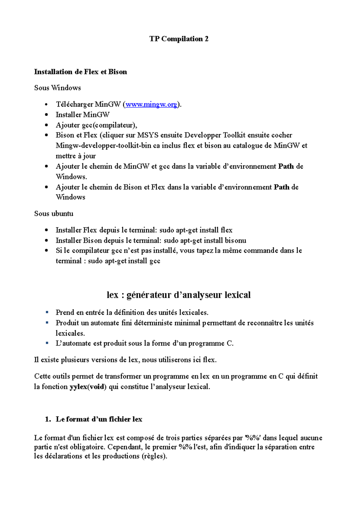 TP Compilation 2: Installation et Utilisation de Flex et Bison - Studocu