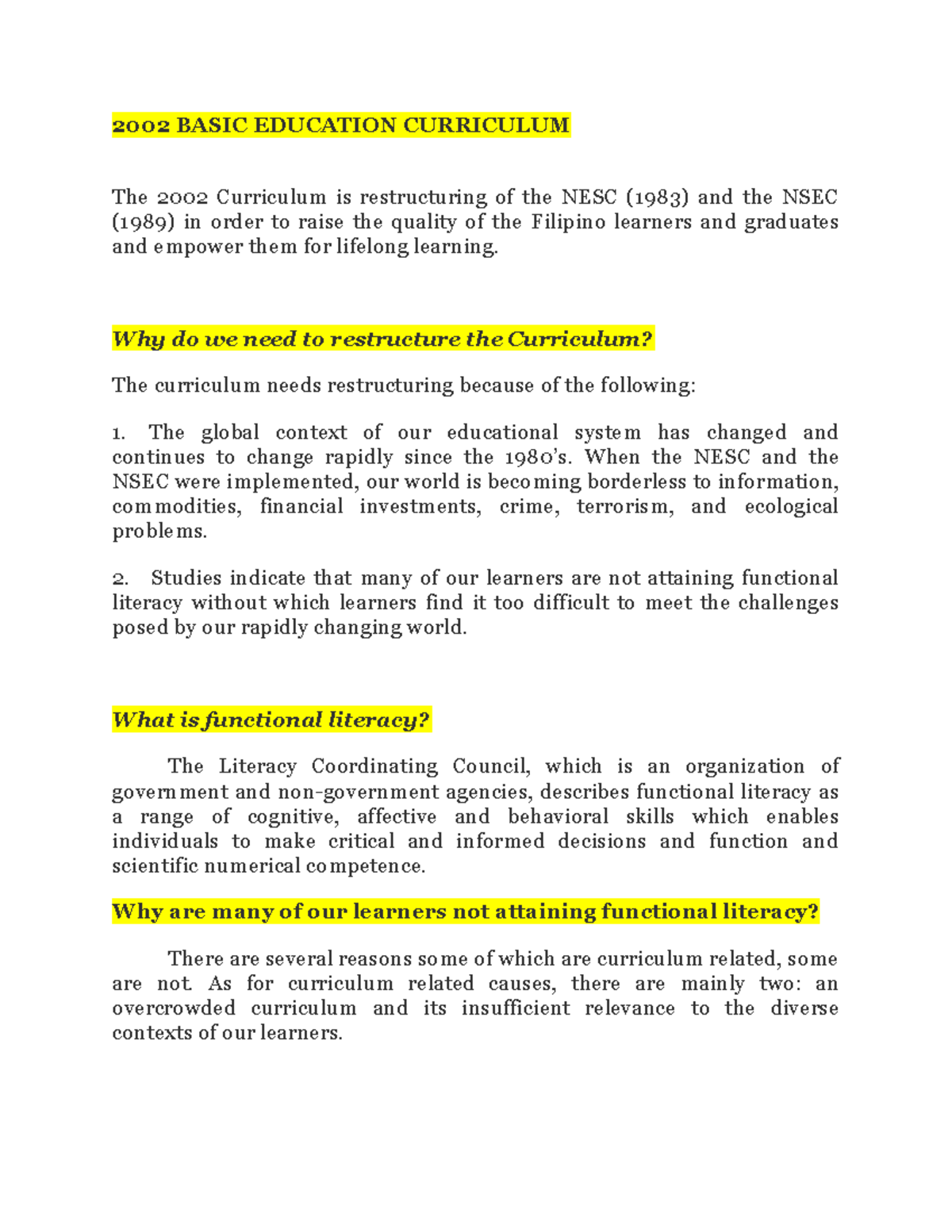 2002 Basic Education Curriculum Overview and Restructuring Insights ...