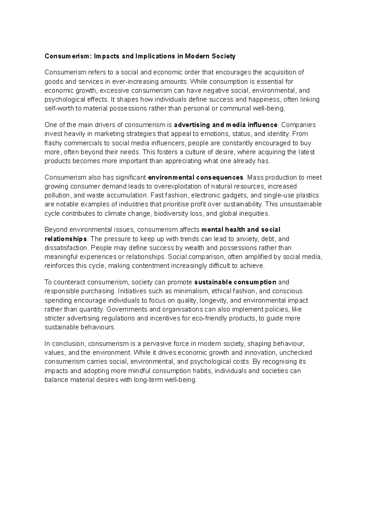 Consumerism: Impacts & Implications in Modern Society Analysis - Studocu