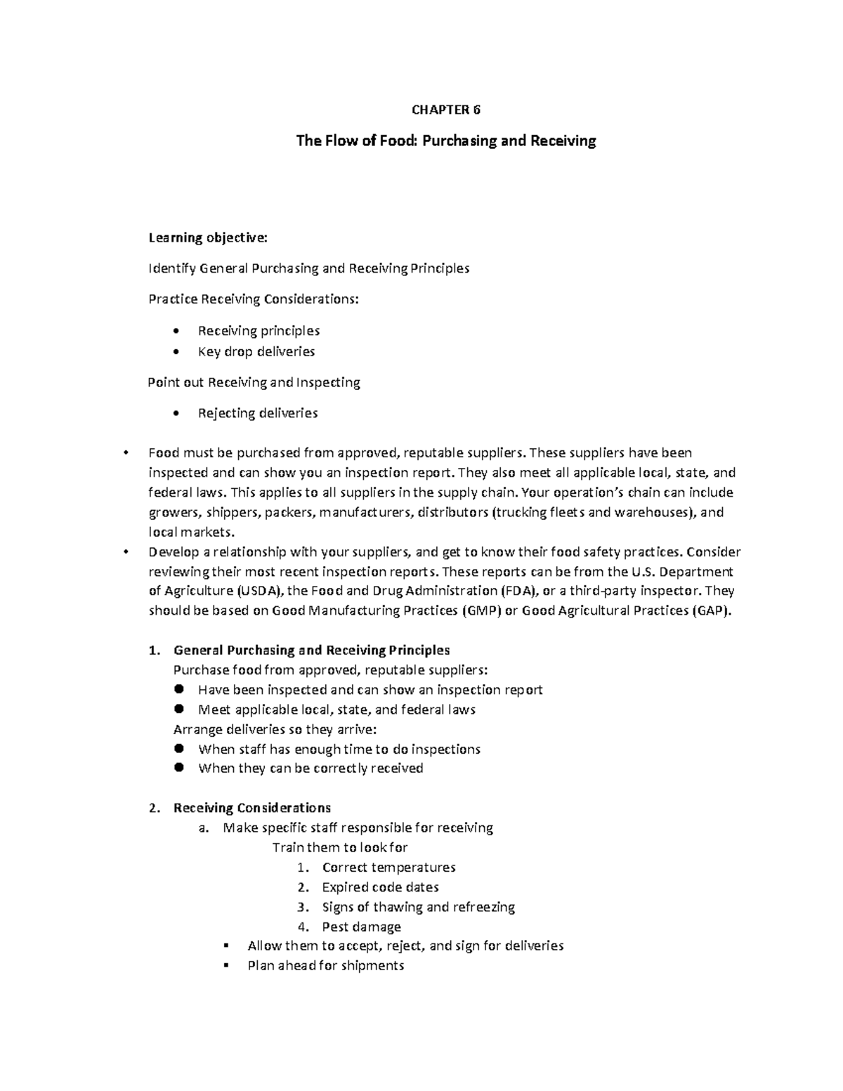 The Flow of Food: Purchasing and Receiving Principles (CH 6) - Studocu