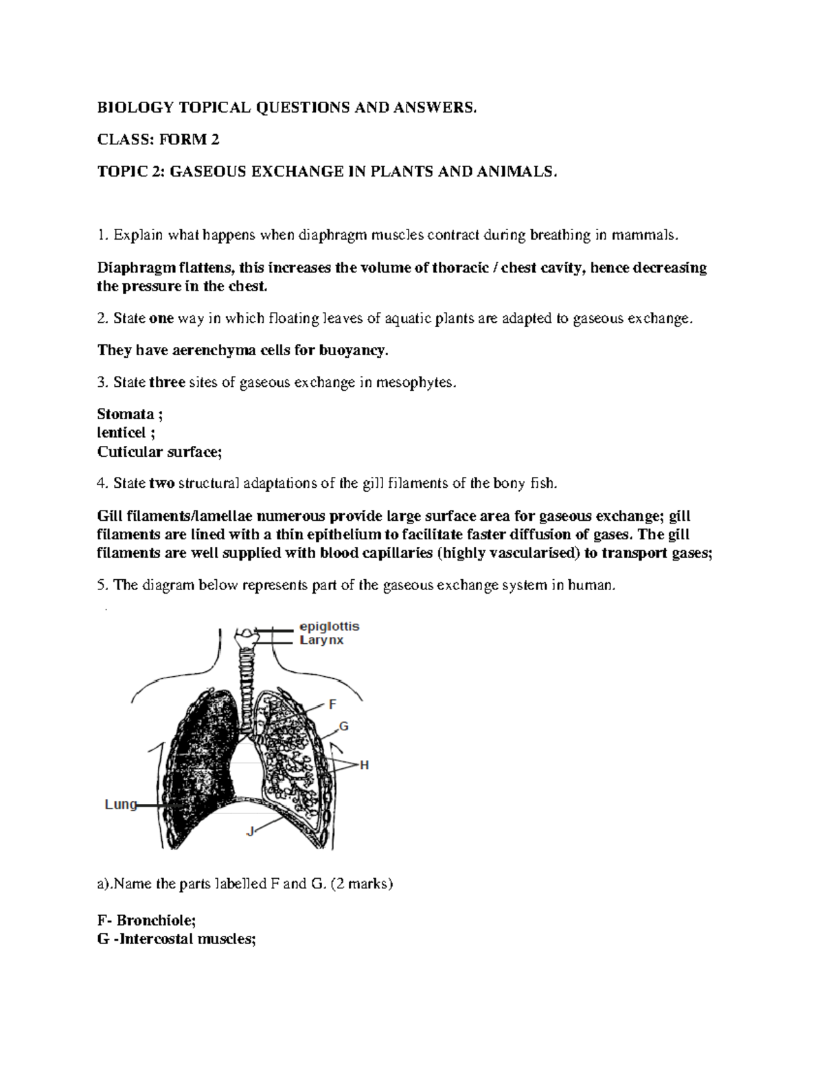 Form 2 Biology: Gaseous Exchange Quiz Notes - Studocu
