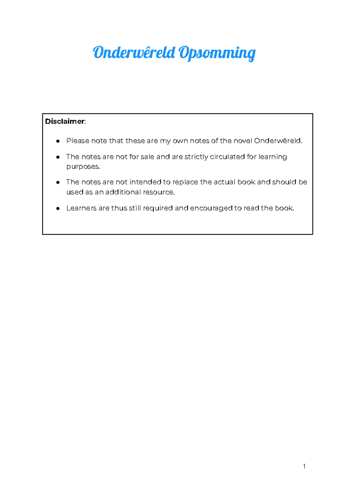 Onderwêreld Opsomming- Hede - Onderwêrel Opsommin Disclaimer: Please ...