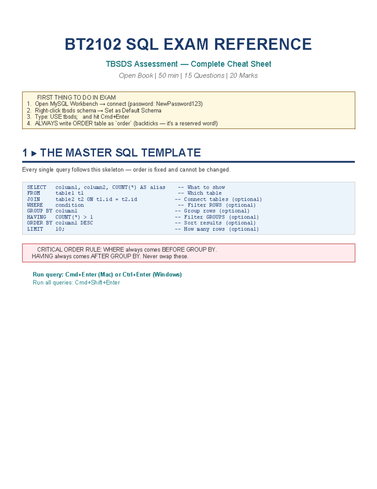 BT2102 SQL Exam Reference Cheat Sheet: Key Concepts & Tips - Studocu