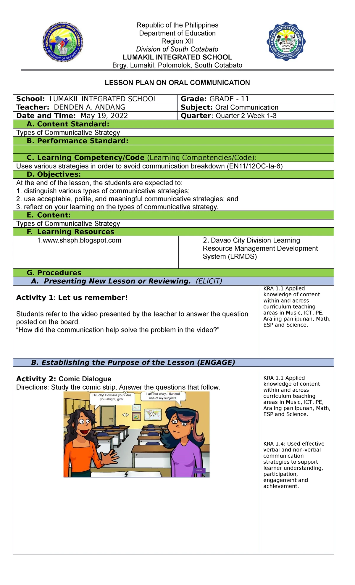 Lessonplan - oral comm - DETAILED LESSON PLAN IN ORAL COMMUNICATION I ...