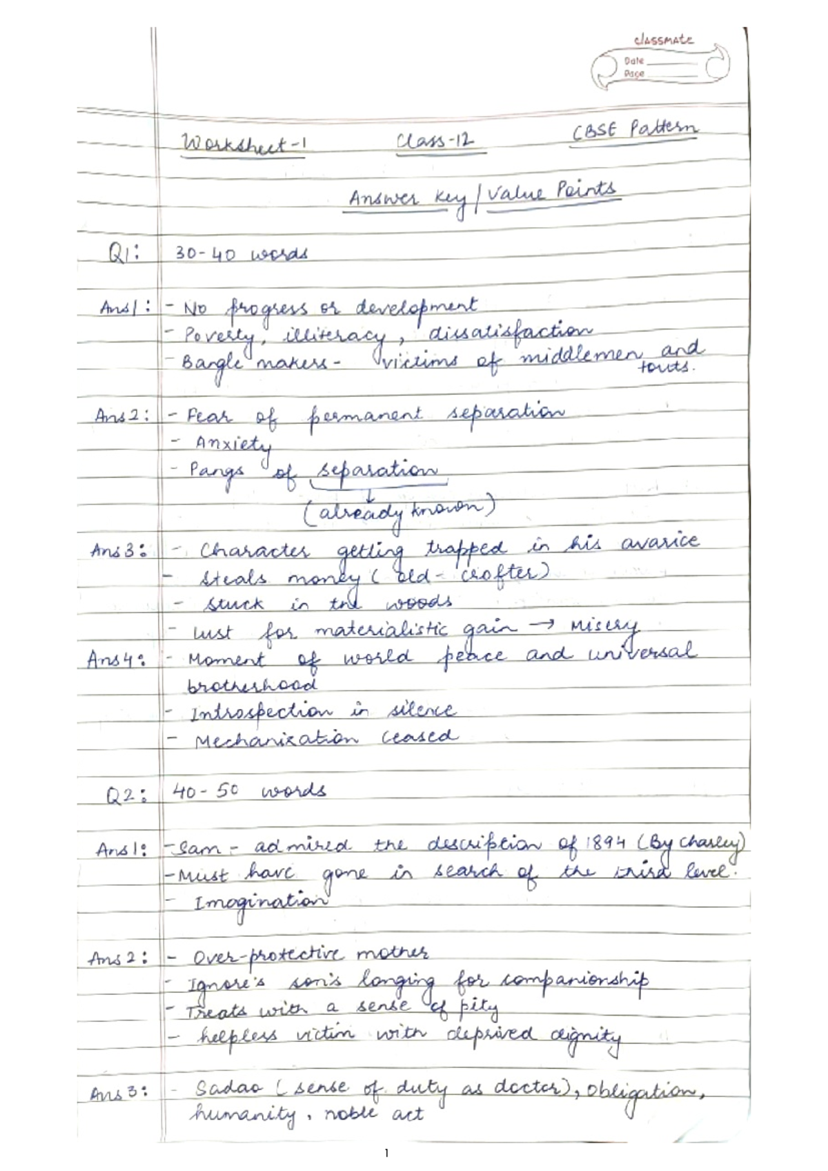 Eng Core-Worksheet-1 Value points - classmate Date 5 Page class CBSE ...