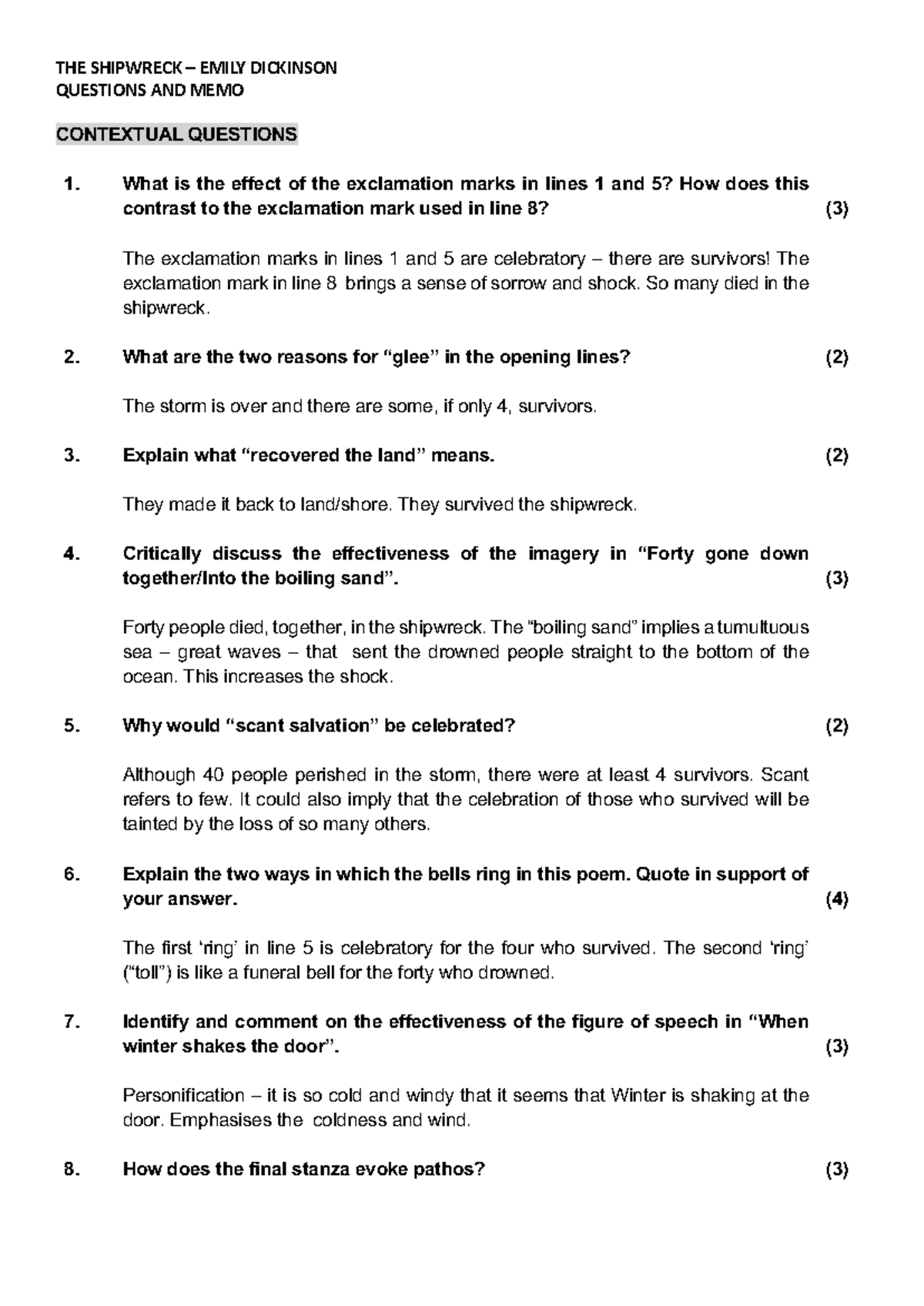 Shipwreck Analysis and Contextual Questions: ED 101 Exam Memo - Studocu