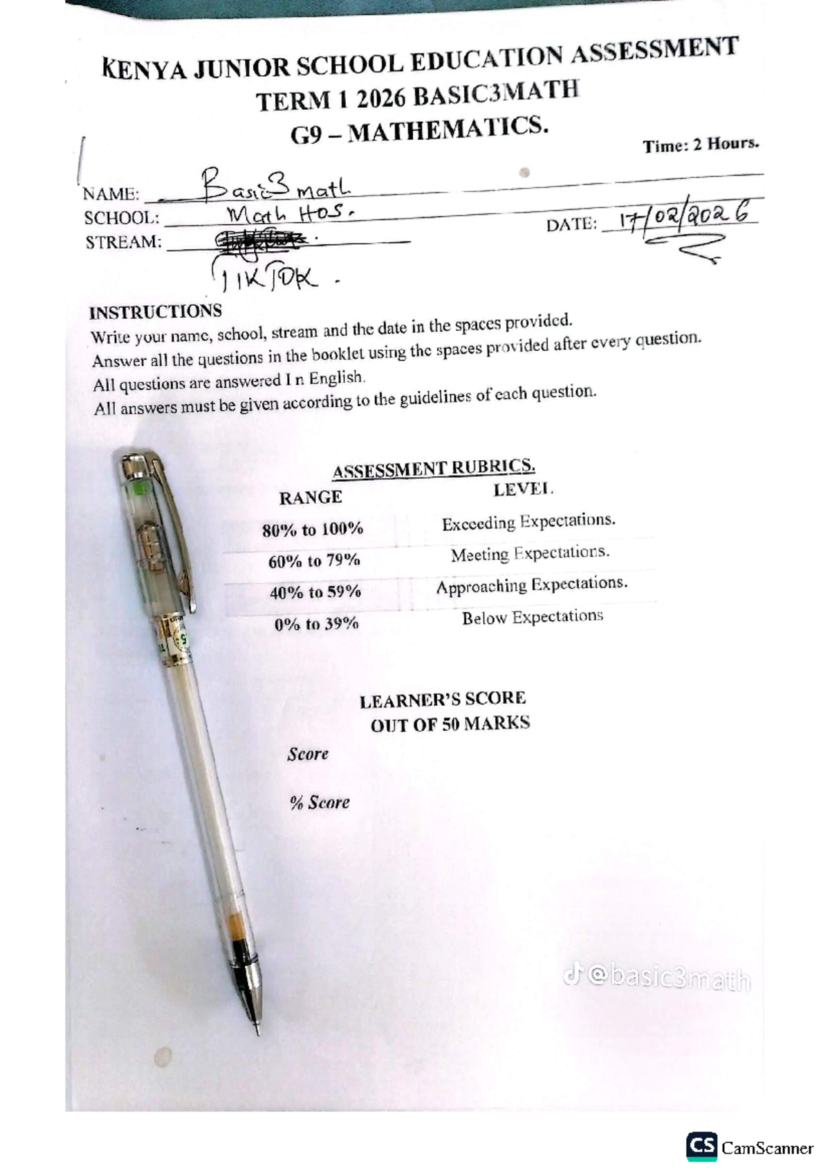 G9 Mathematics Term 1 Assessment 2026 - Basic 3 I Math - Studocu