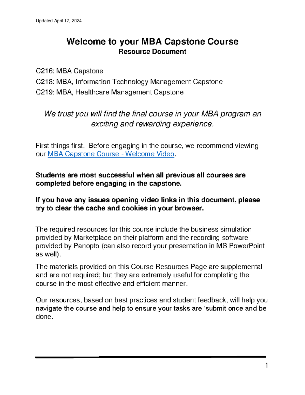 MBA Capstone Course Resource Document (C216, C218, C219) - Studocu