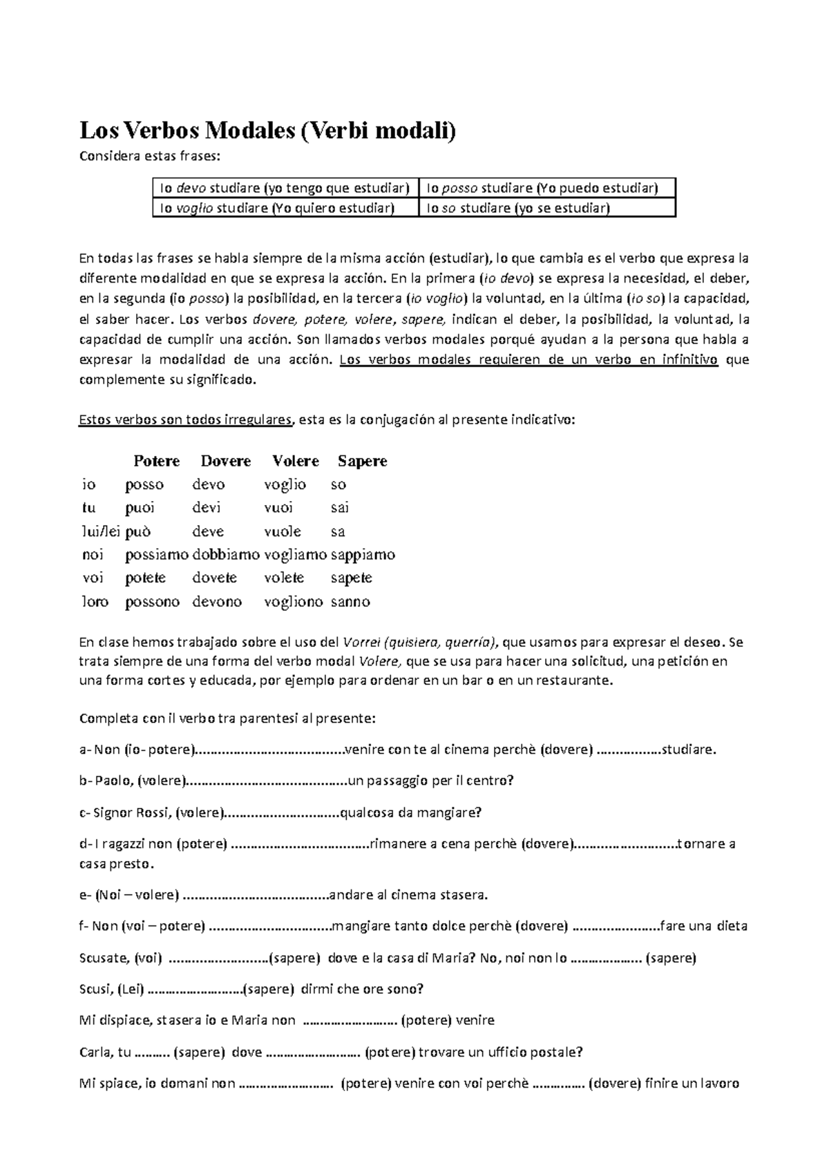 Materiale Verbi Modali: Uso e Coniugazione dei Verbi DOVERE, POTERE ...