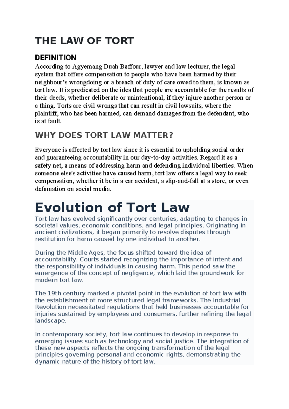 TORT LAW (BLaw 311) Lecture 1: Understanding Key Concepts and Evolution ...