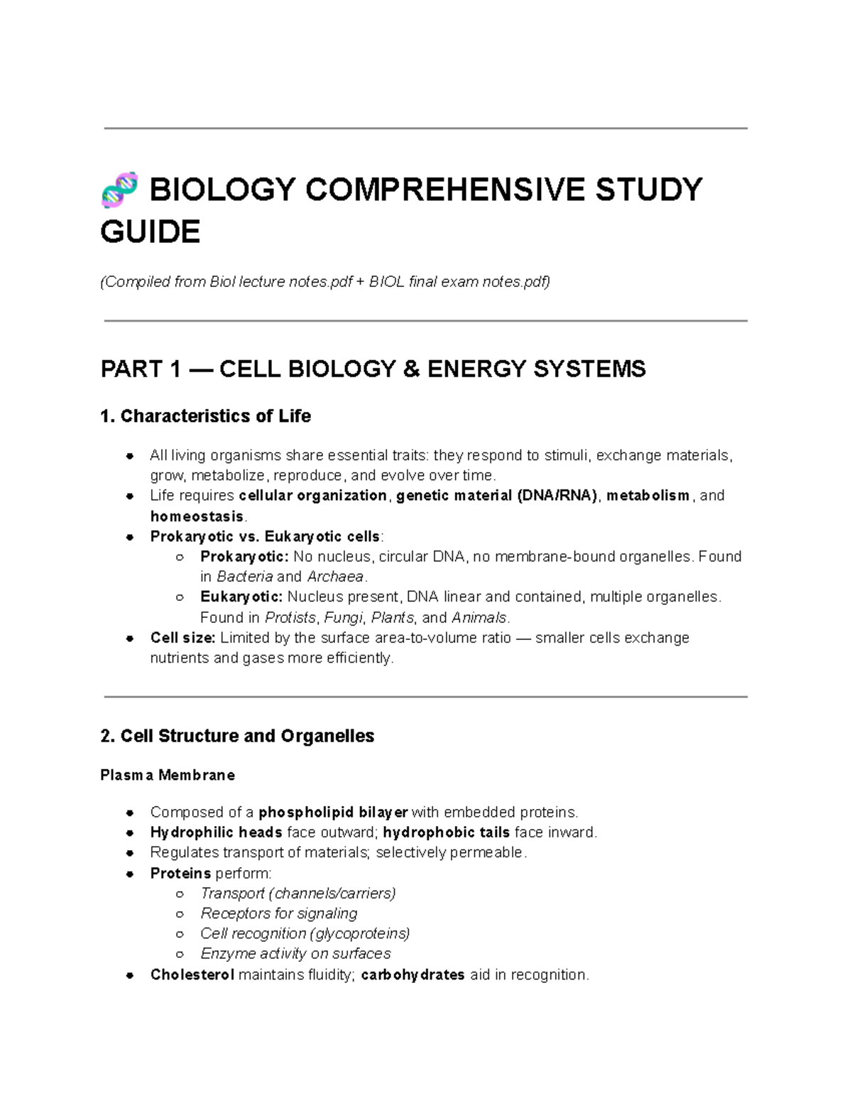 BIOLOGY 101 FINAL EXAM STUDY GUIDE: CELL BIOLOGY & PHYSIOLOGY - Studocu