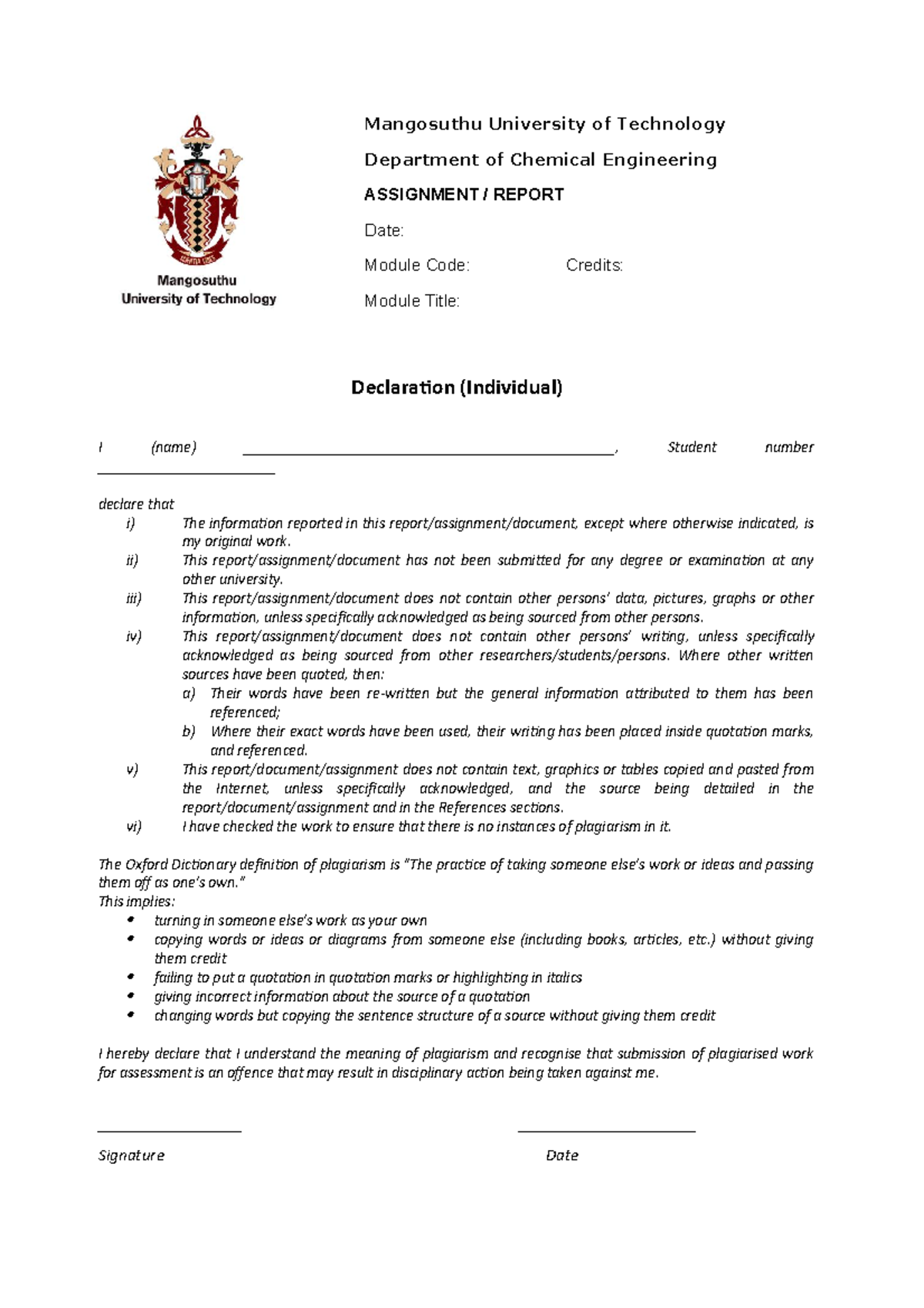Declaration form to be signed and attached to the assignment ...