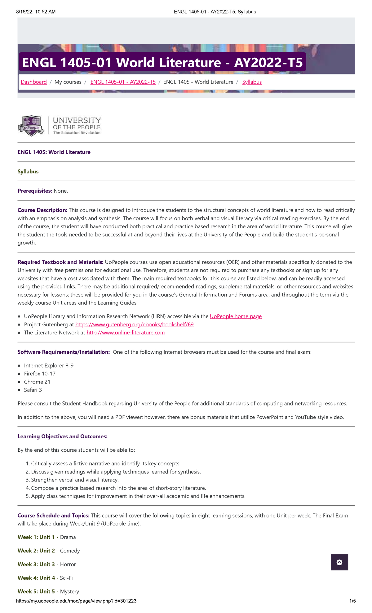 ENGL 1405: World Literature Syllabus for AY2022-T5 - Studocu