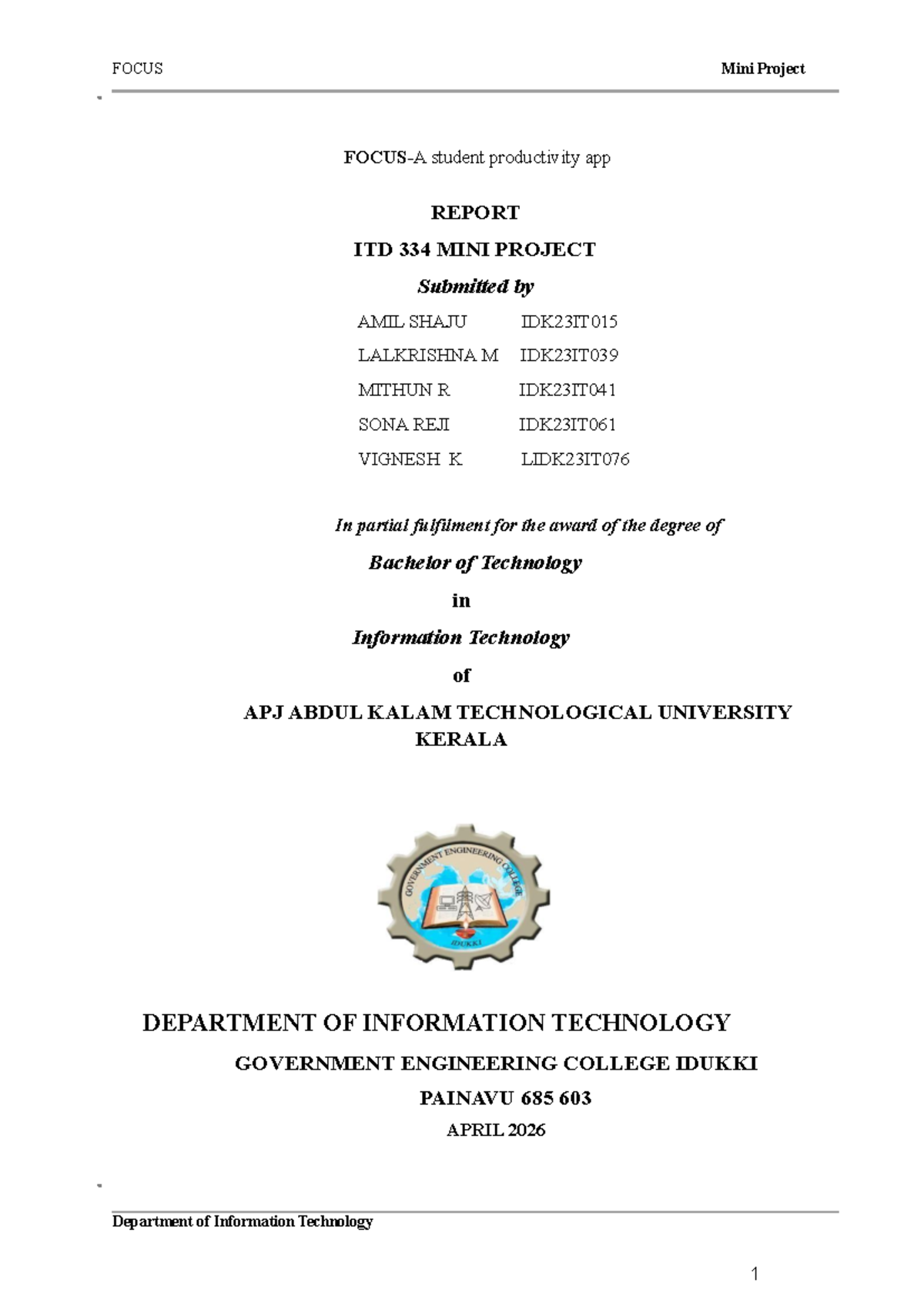 FOCUS Mini Project Report on Student Productivity App - ITD 334 - Studocu
