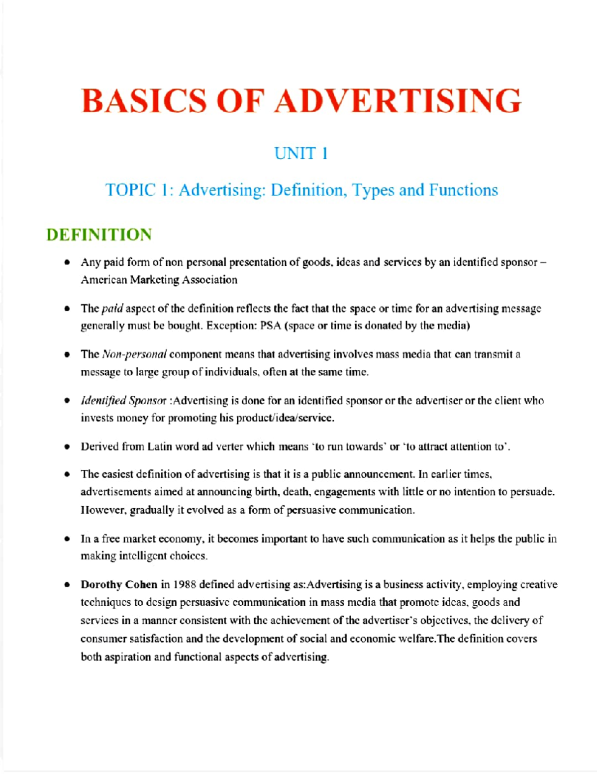 BASICS OF ADVERTISING: Definition, Types & Functions (AD101) - Studocu