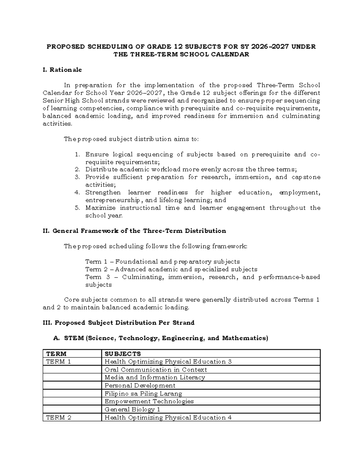 Proposed Scheduling of Grade 12 Subjects for SY 2026 - Studocu