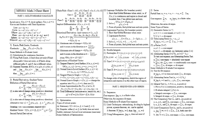 MH1811 Math 2 Cheat Sheet: Multivariable Calculus & Series Concepts ...