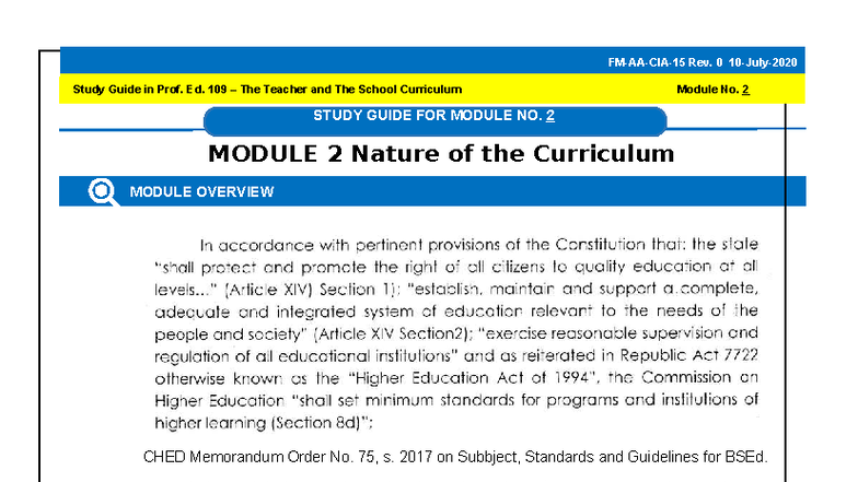 Prof. Ed. 109 Study Guide: Module 2 - Nature of the Curriculum - Studocu