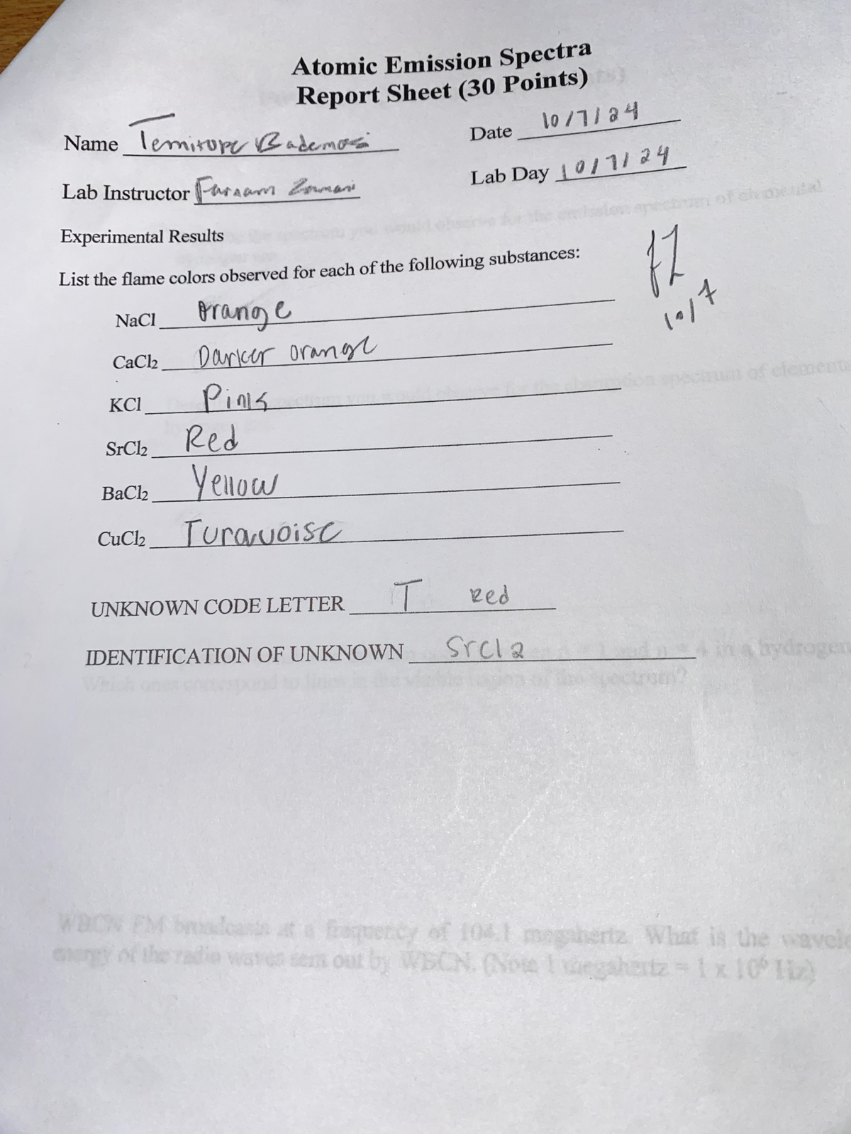 Atomic Emission Spectra Lab Report (30 Points) - Temirope Bademas - Studocu