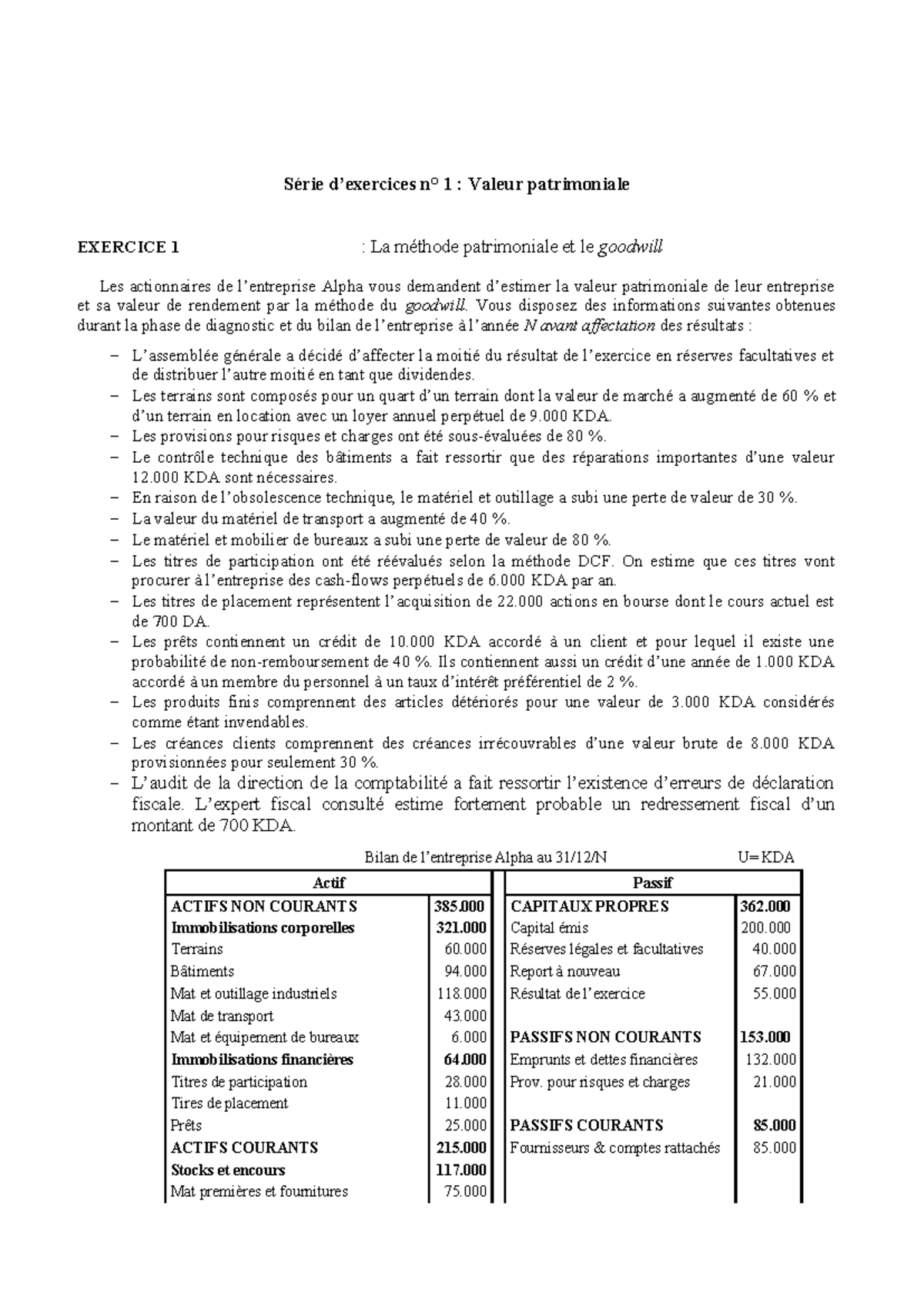 Série d'Exercices sur la Méthode Patrimoniale et Goodwill - EXERCICE 1 ...