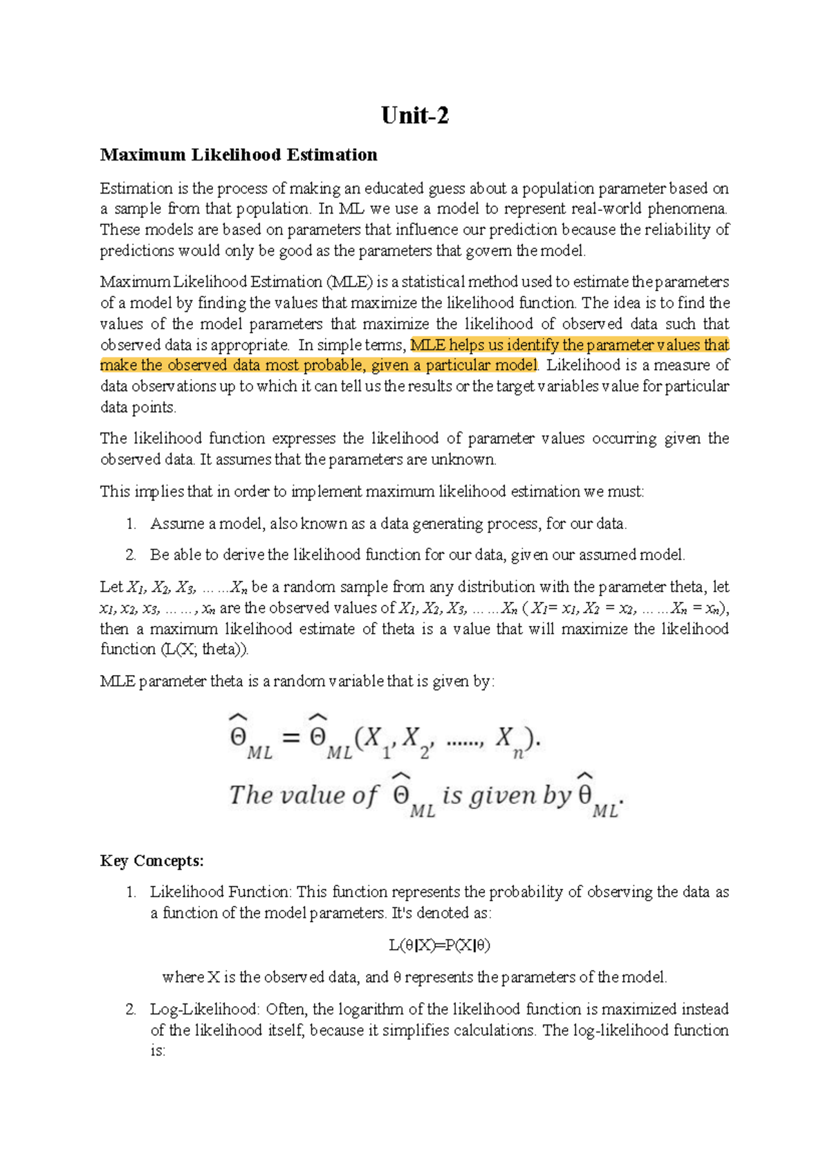 Unit-2: Maximum Likelihood Estimation and Its Applications - Studocu