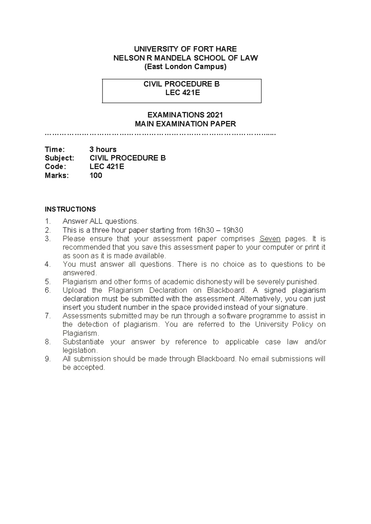 CIVIL PROCEDURE B LEC 421E 2021 MAIN EXAMINATION PAPER QUESTIONS ...