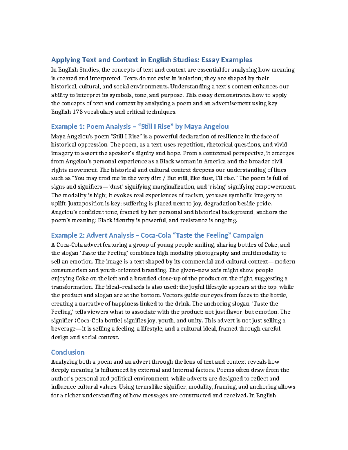 English 178: Text and Context Analysis of Poem and Advert Essay - Studocu