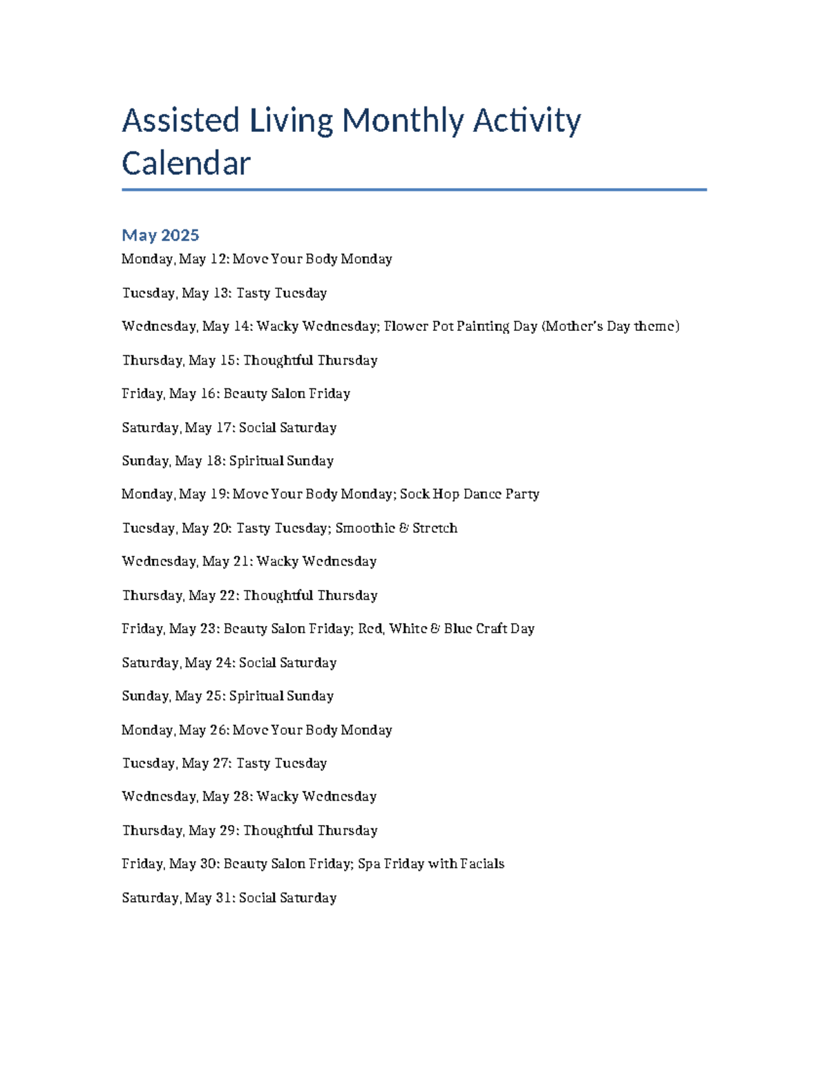Assisted Living Activity Calendar: May to July 2025 - Studocu