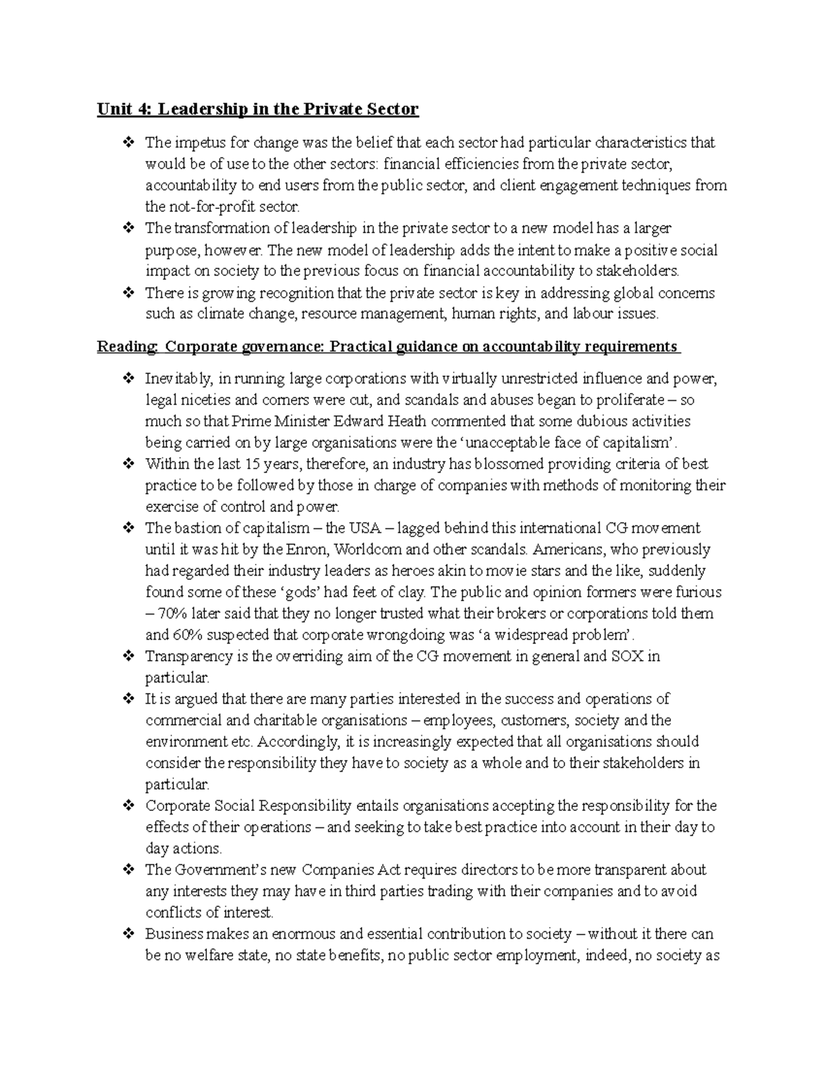 Unit 4 leadership - STUDY NOTES - Unit 4: Leadership in the Private ...