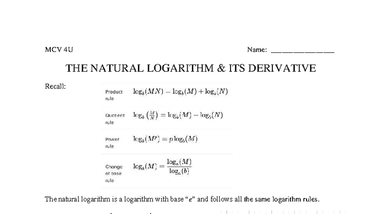 MCV 4U Final Exam: Derivative of the Natural Logarithm - Studocu