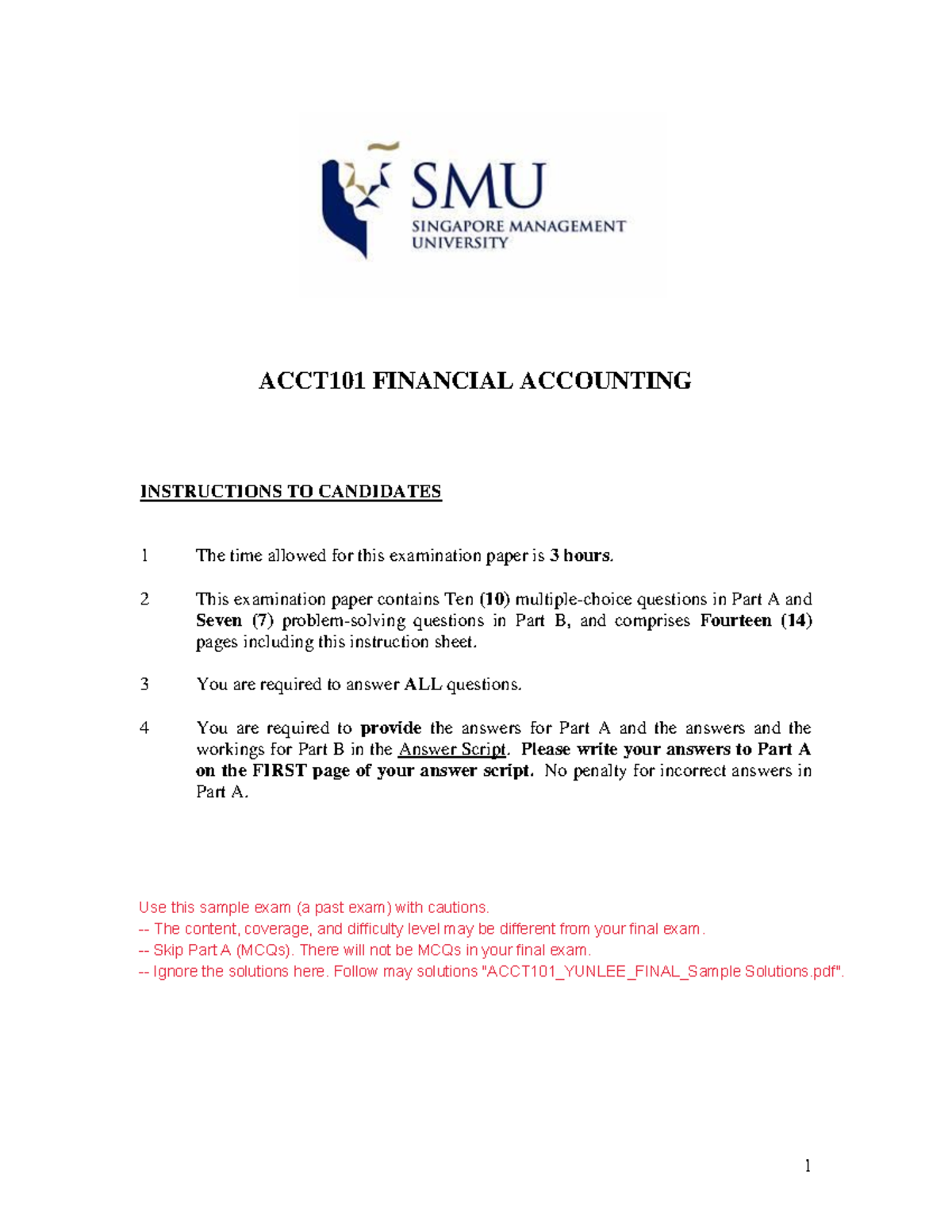 ACCT101 Financial Accounting Final Exam Sample Questions and ...