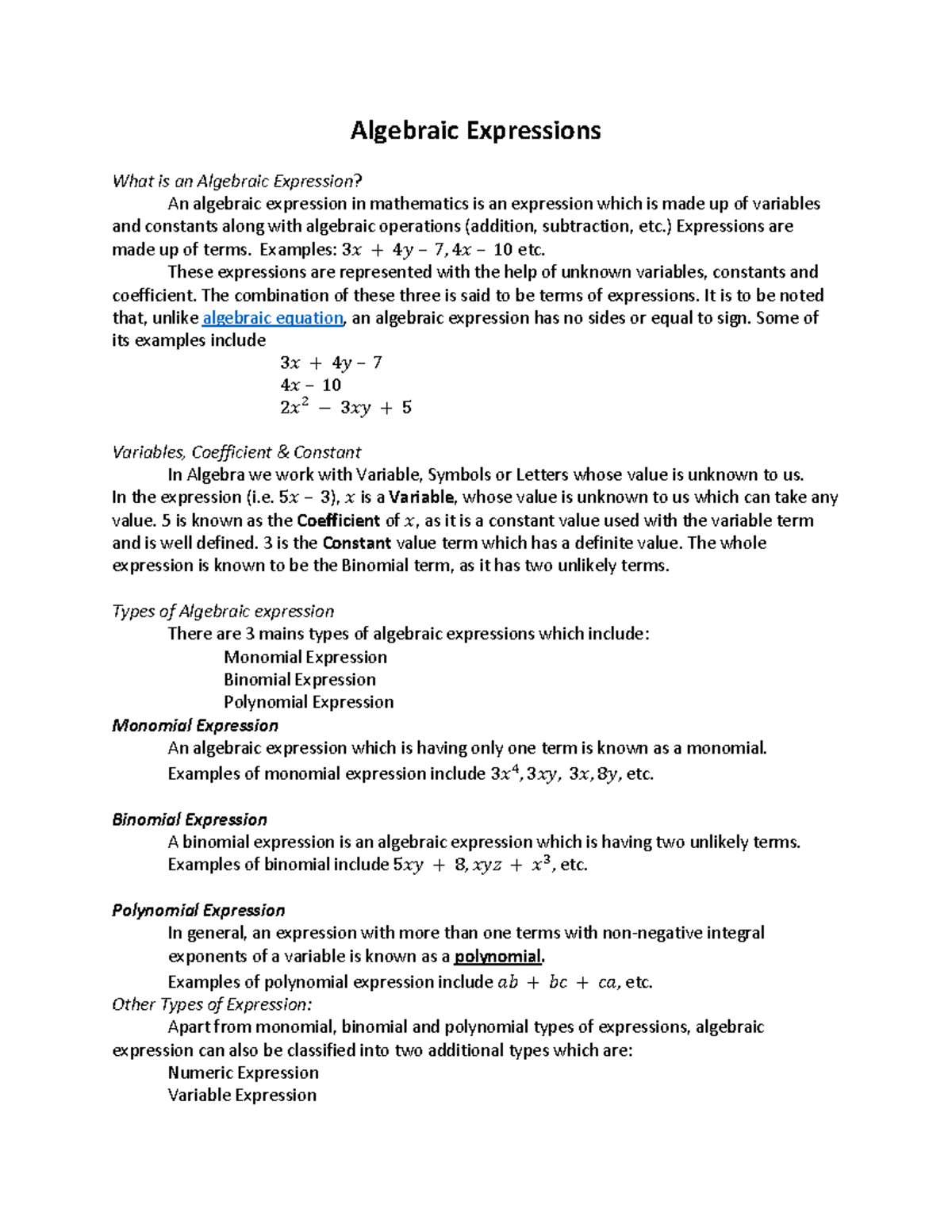 Algebraic Expressions (Week 1-2) Overview and Types - Studocu
