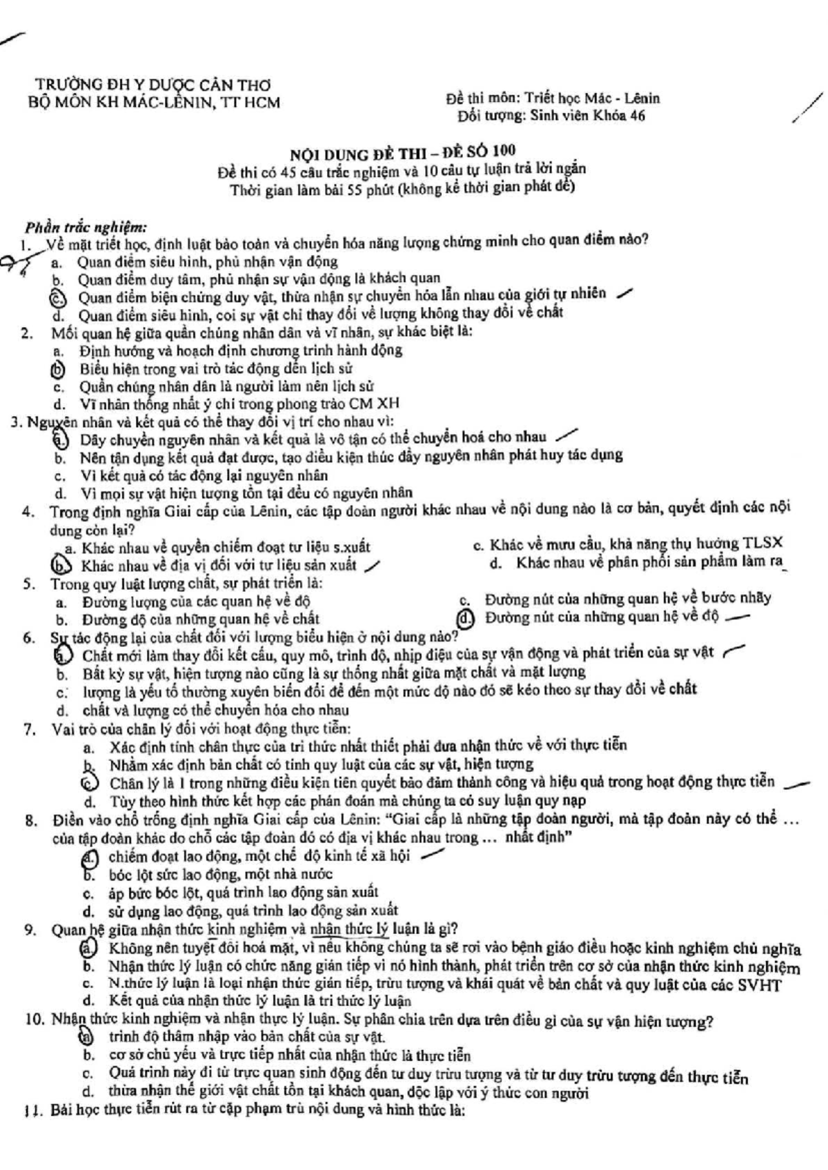 TRUONG DH Y DUOC CAN THO - Dè thi Triết học Mác Lênin Khóa 46 - Studocu