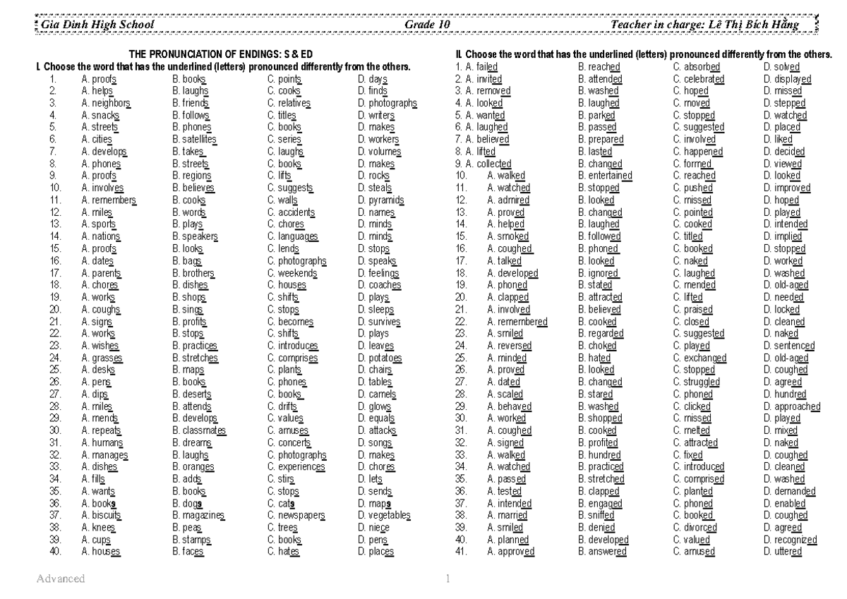 Pronunciation and Tenses: Comprehensive Guide and Exercises - Studocu