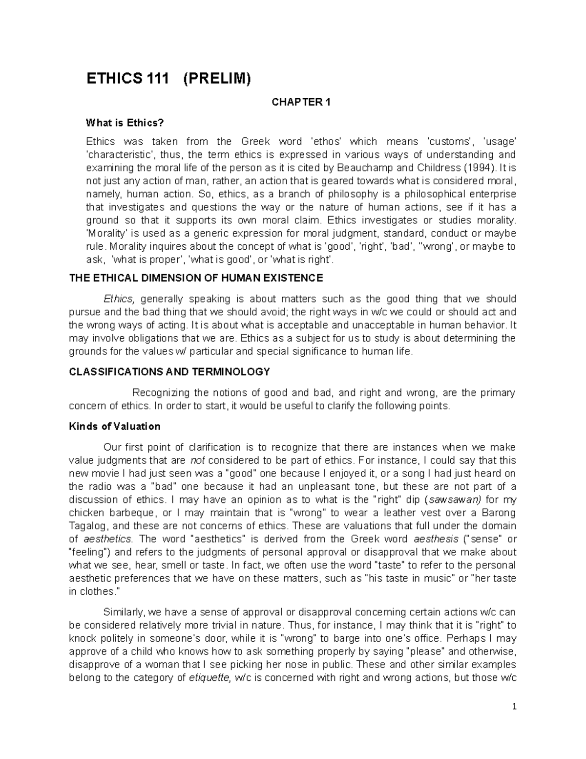 Ethics 111 Prelim Study Handouts: Understanding Ethics and Morality ...