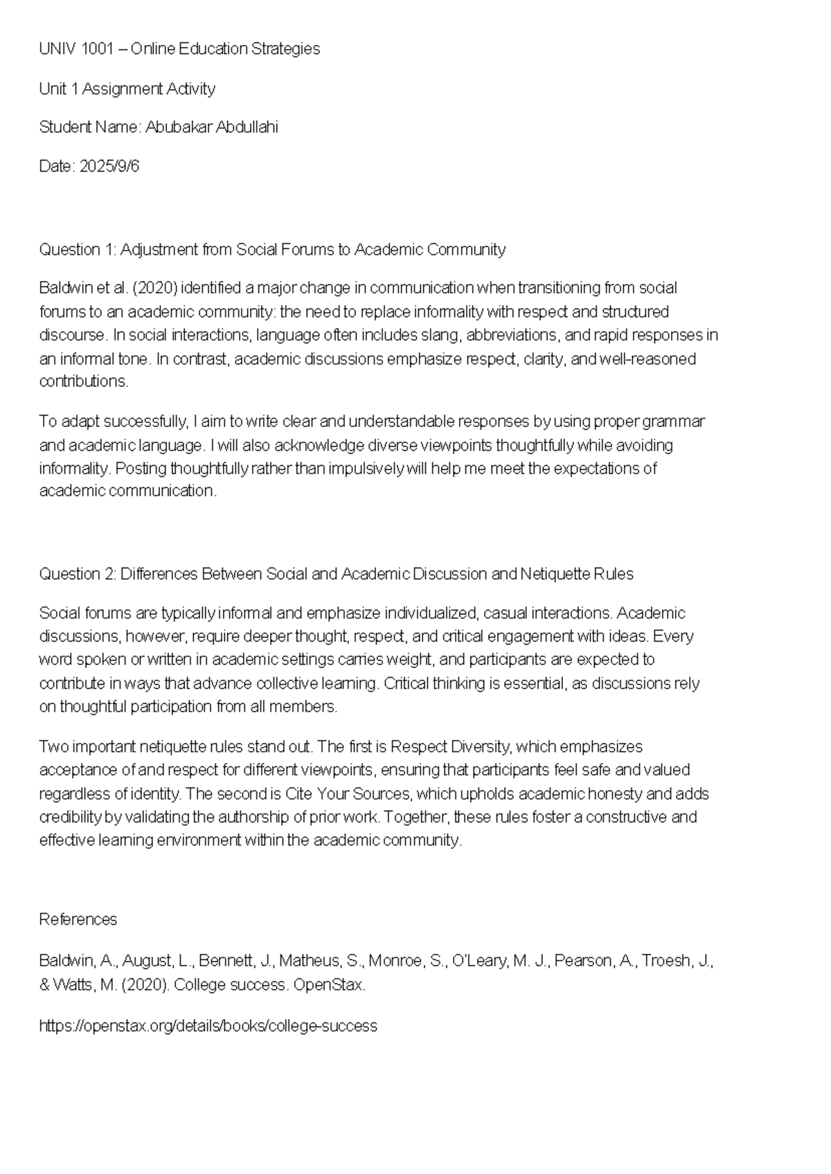 Assignment UNIV 1001-03: Online Education Strategies Insights - Studeersnel