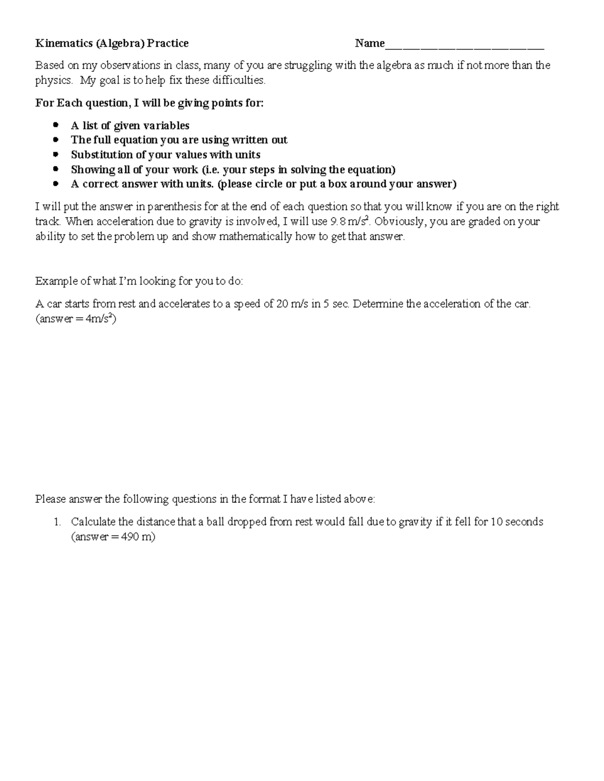 Kinematics (Algebra) Practice - Problem Solving Guide - Studocu