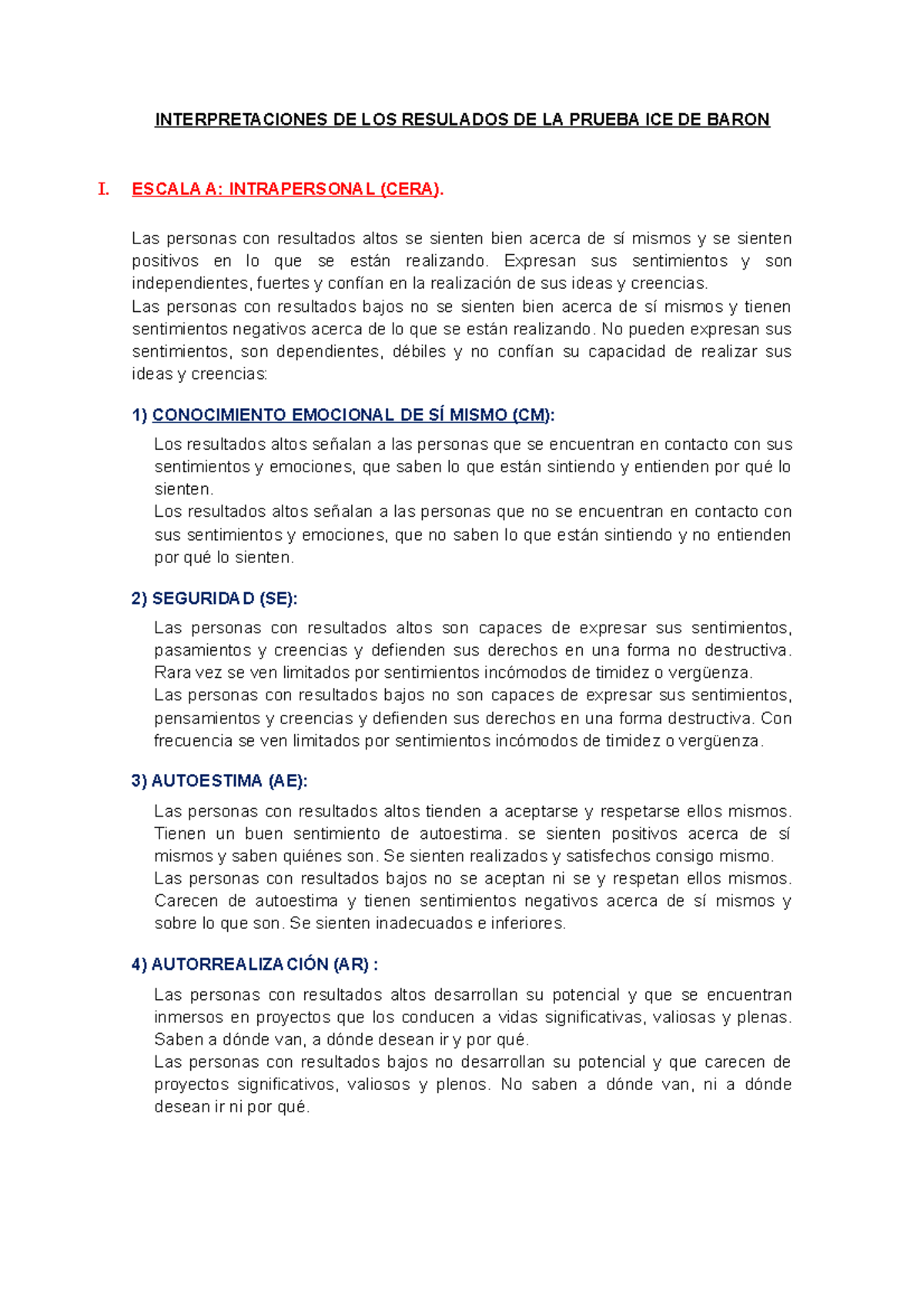 Interpretación de Resultados ICE de Baron y Escalas Relacionadas - Studocu