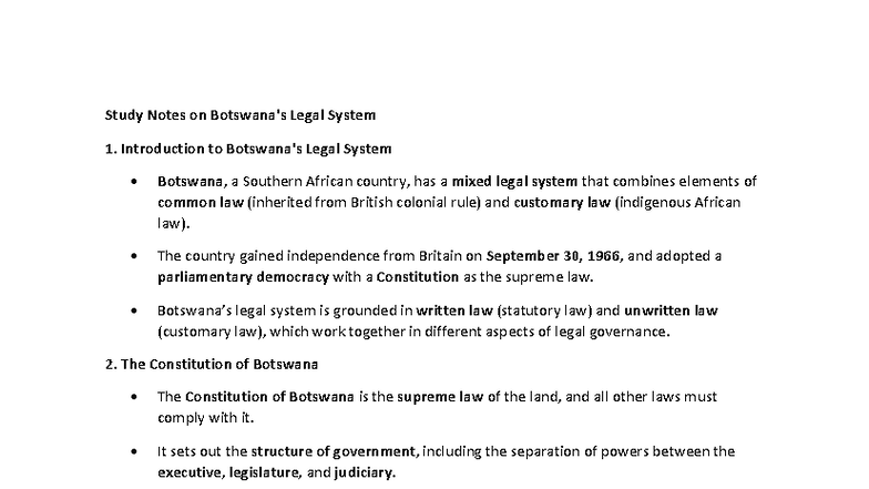 Study Notes on Botswana Legal System: A Comprehensive Overview - Studocu
