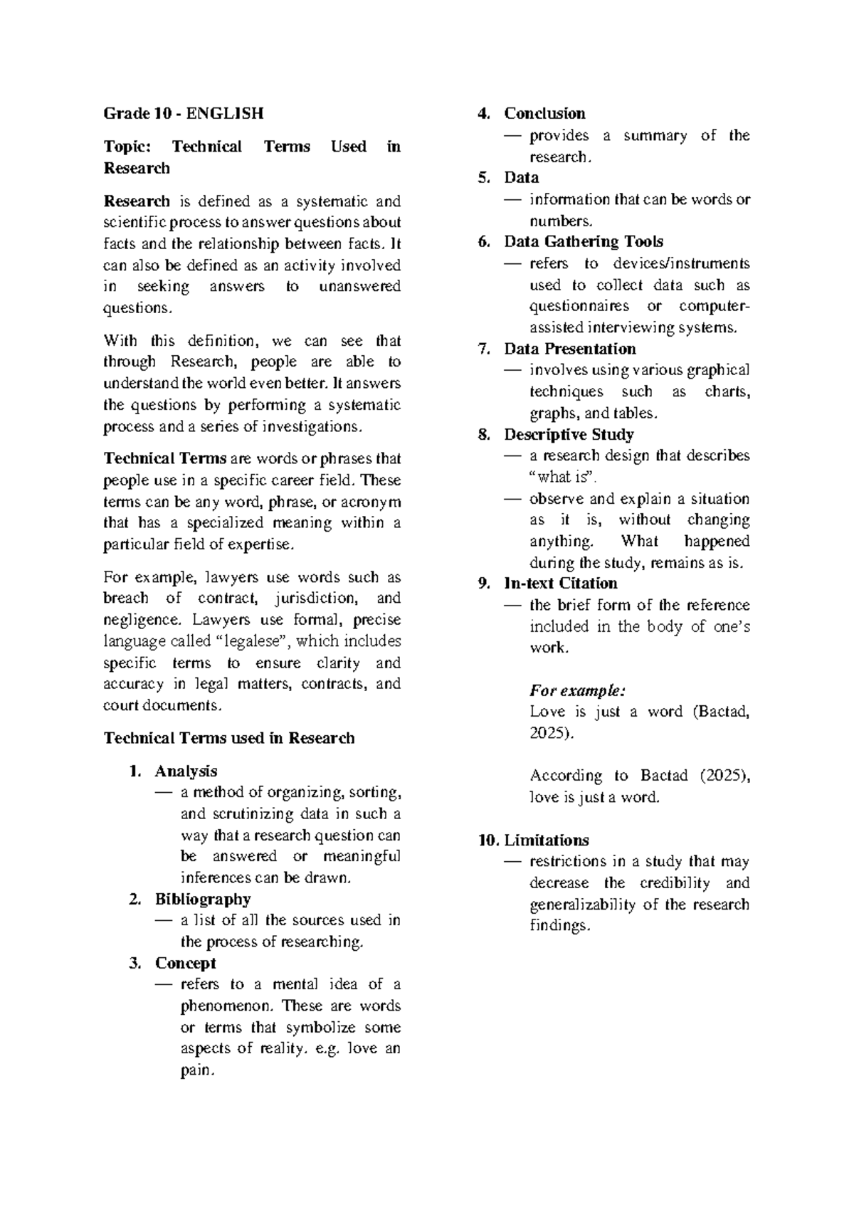 English-10 Reviewer: 4th Quarter Technical Terms in Research - Studocu