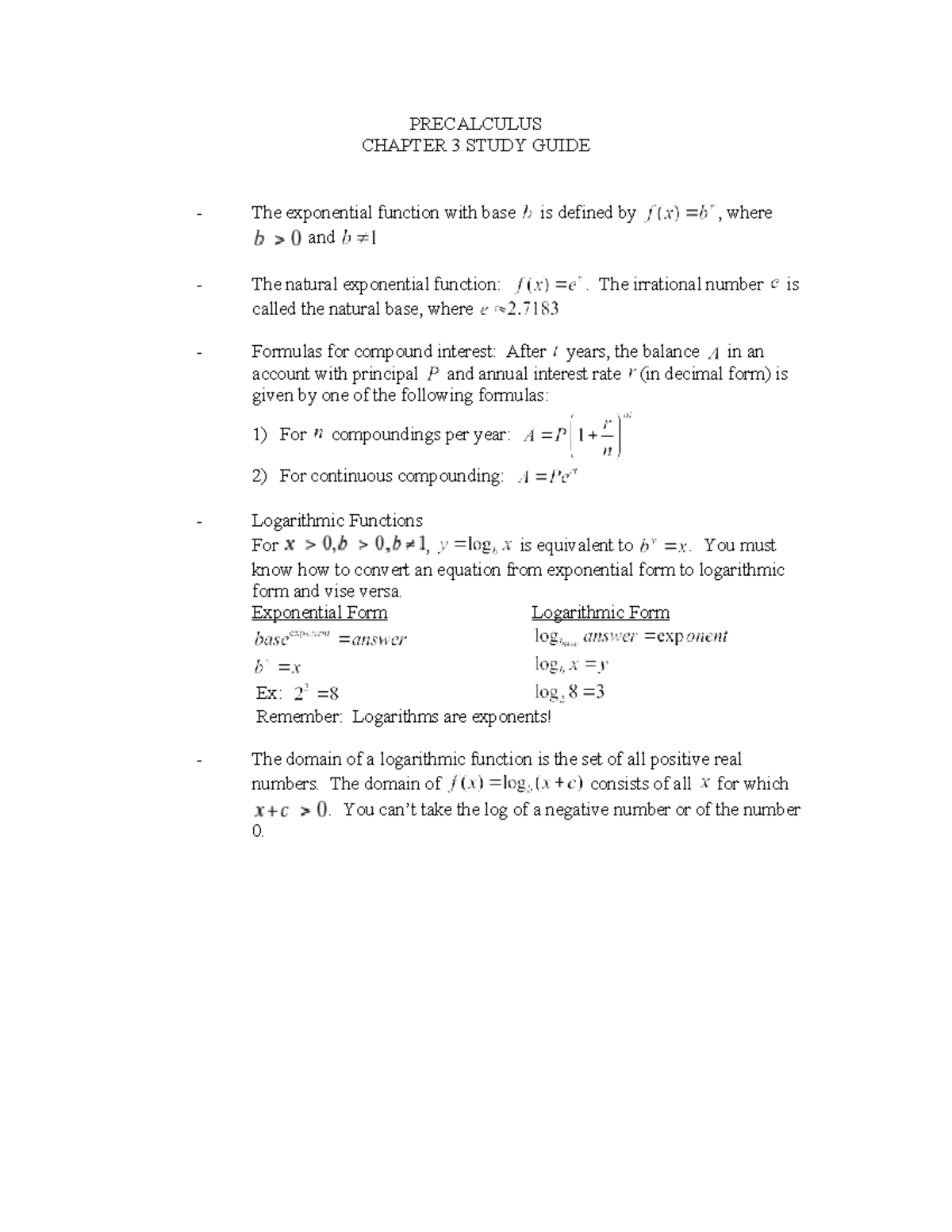 Precalculus CH 3 Study Guide: Exponential & Logarithmic Functions - Studocu